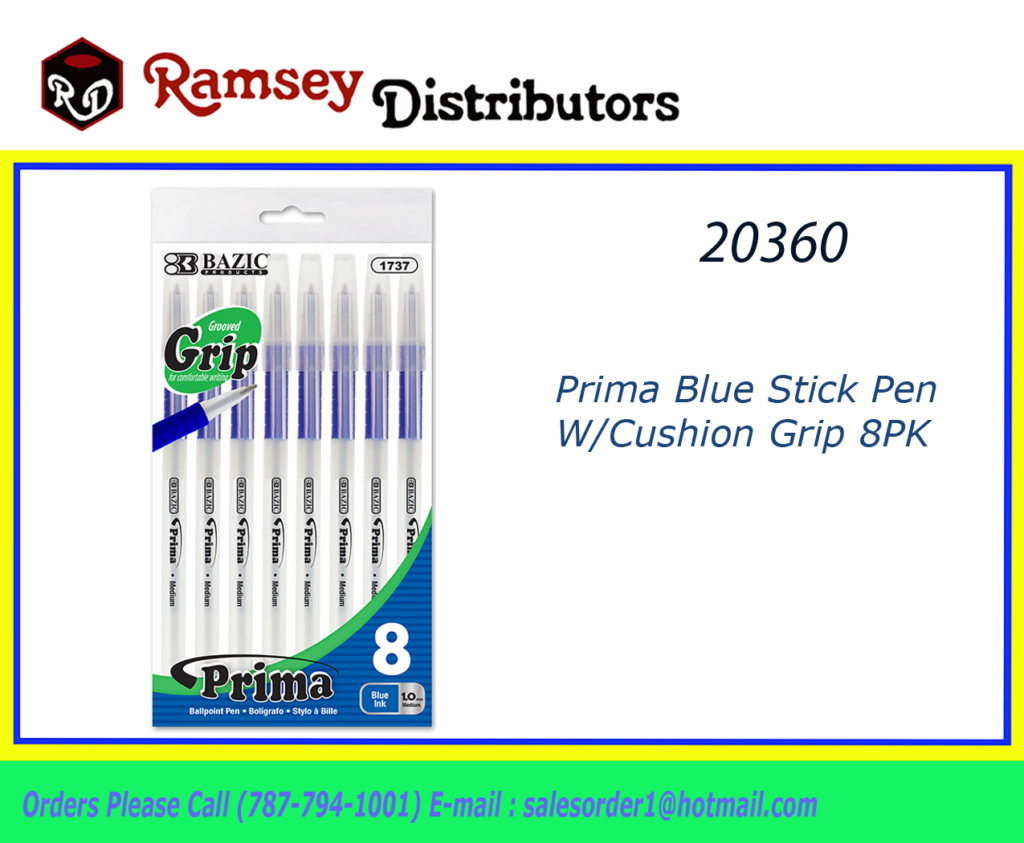 20360 – 1737 Prima Blue Stick Pen W/Cushion Grip 8PK – Ramsey Distributors
