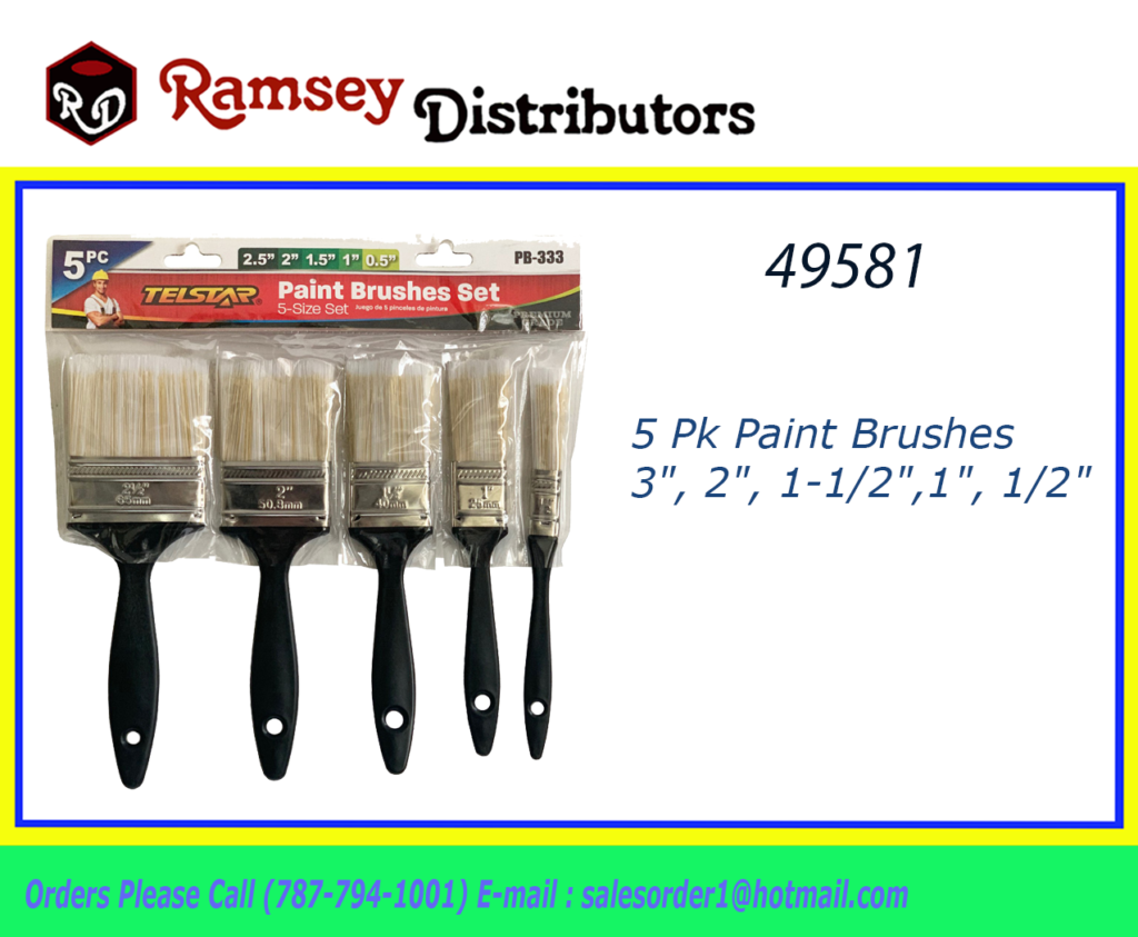 49581 – PB-333 5 Pk Paint Brushes 3″, 2″, 1-1/2″,1″, 1/2″ – Ramsey ...
